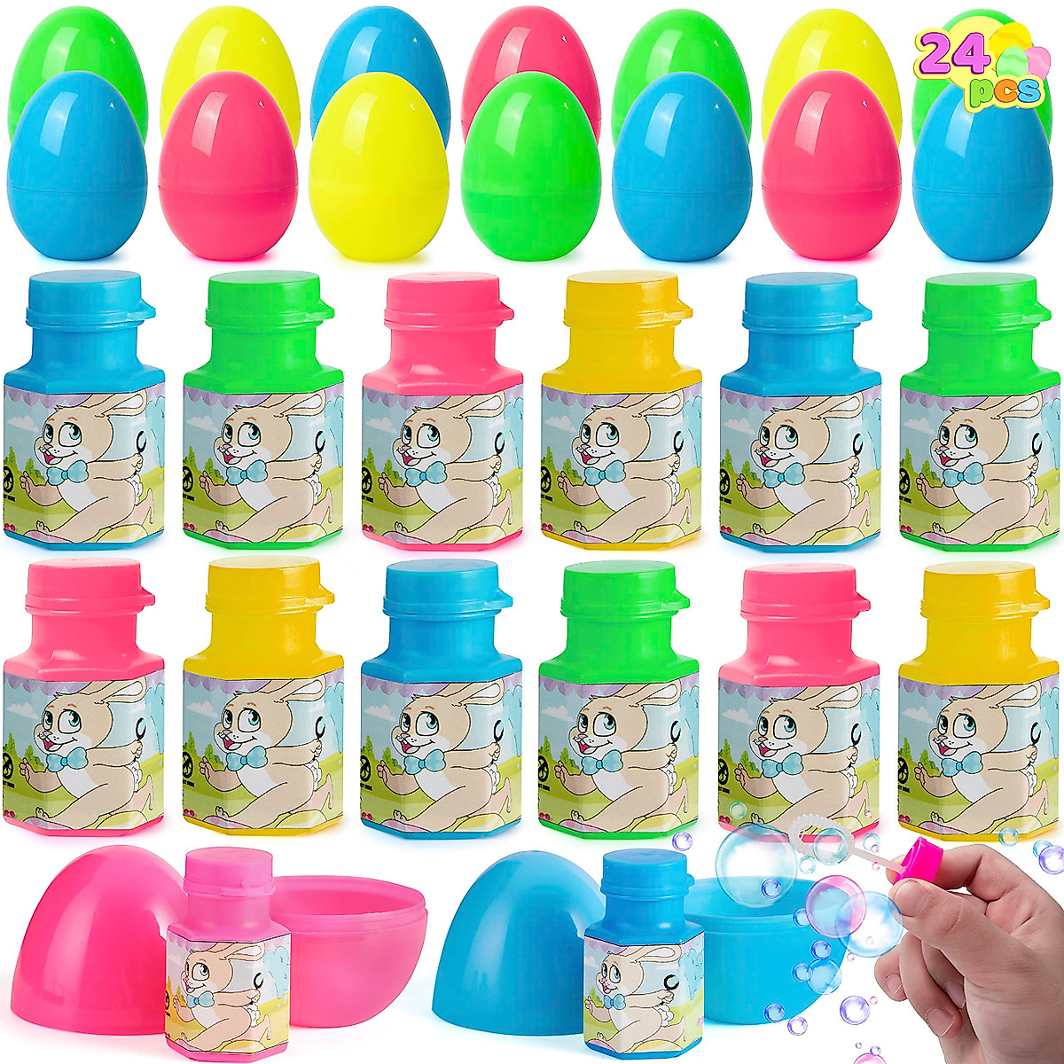 JOYIN 24 Pcs Prefilled Easter Eggs with Bubble Wands for Kids Basket Stuffers, Easter Decorations, Easter Children Fun, Egg Hunt Game, Easter Décor Gifts and Party Favors, 3.15"