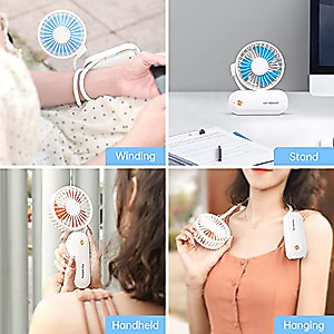 LIKEMIC Mini Handheld Fan, Portable Fan for Travel Stroller Rechargeable, Handheld / Neck Hanging / Winding / Desktop 4 in 1 Versatile Fan, 3 Speeds, 4-10 Hours Working Times, Quiet(Blue)