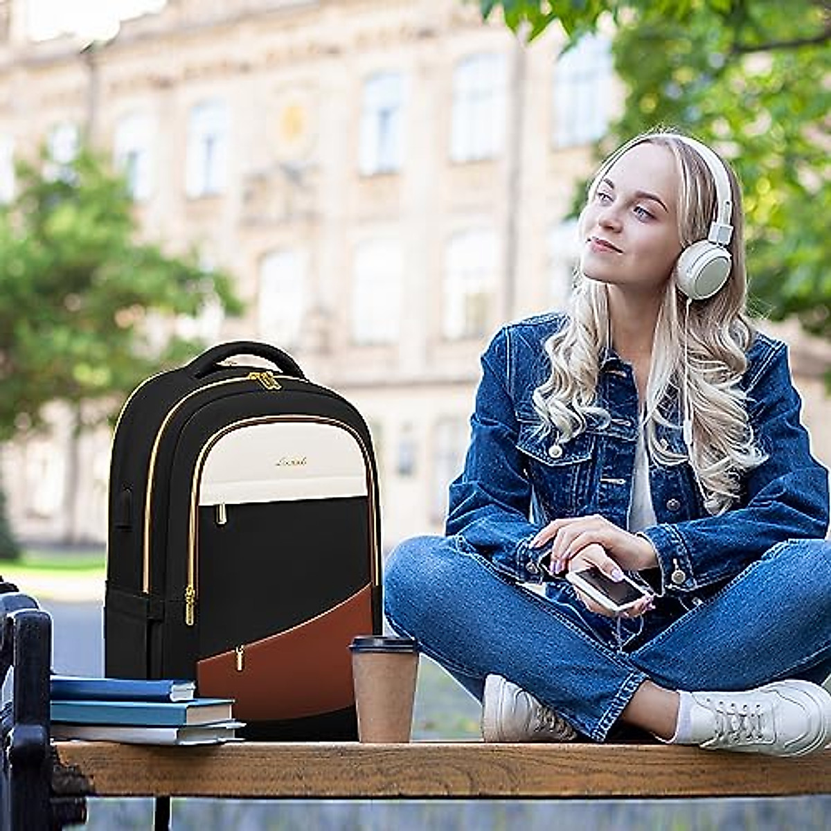 LOVEVOOK Laptop Backpack for Women, College Travel Copmputer Backpack, 17.3 Inch Work Backpacks with USB Port,Waterproof Back Pack with Laptop Compartment for Teacher Nurse,Black-White-Brown