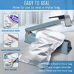 100 Pack Mylar Bags for Food Storage with 100x300cc Oxygen Absorbers - 9 Mil 10"x14" 6"x9" 4.3"x6.3" - Resealable Bags for Packaging Products & Ziplock Food Grade Bags for Storage