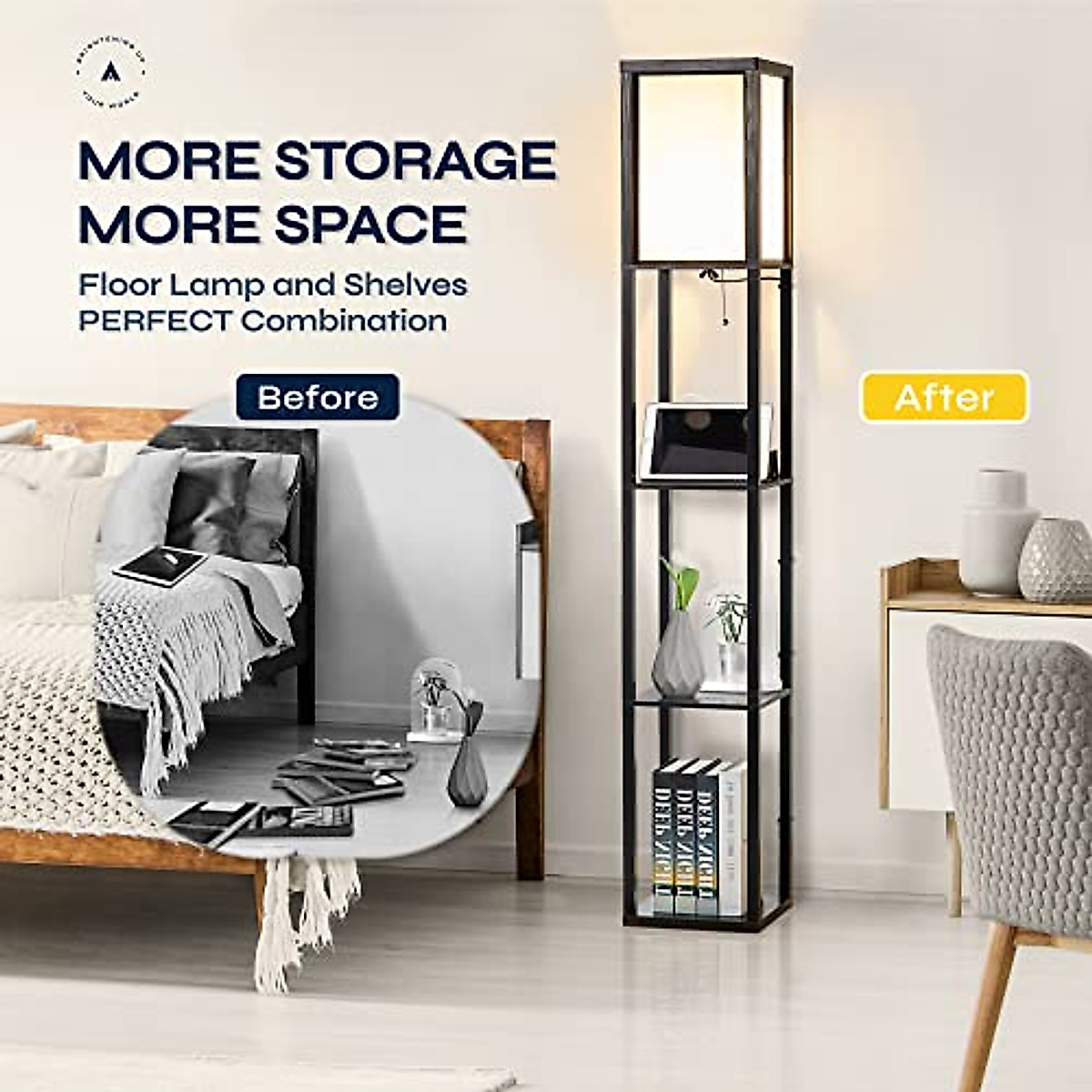 ATAMIN Avery - 63" Floor Lamp with Fast Charging USB, USB-C & Power Outlet, Shelf Floor Lamps for Living Room, Standing Lamp with Charging Station - Black