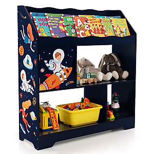 Costzon Kids Bookshelf and Toy Storage Organizer, Multifunctional Children’s Bookcase with 3 Tier Montessori Shelf, Toddler Book and Toy Storage Cabinet for Playroom, Bedroom, Nusery (Blue Space)