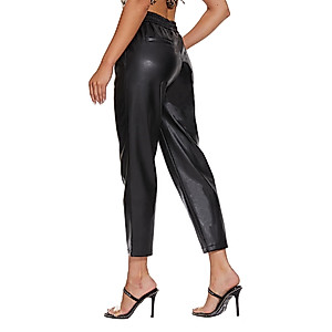 Ginasy Faux Leather Pants for Women High Waist Pleather Jogger Pants Straight Leg Trousers with Pockets Black
