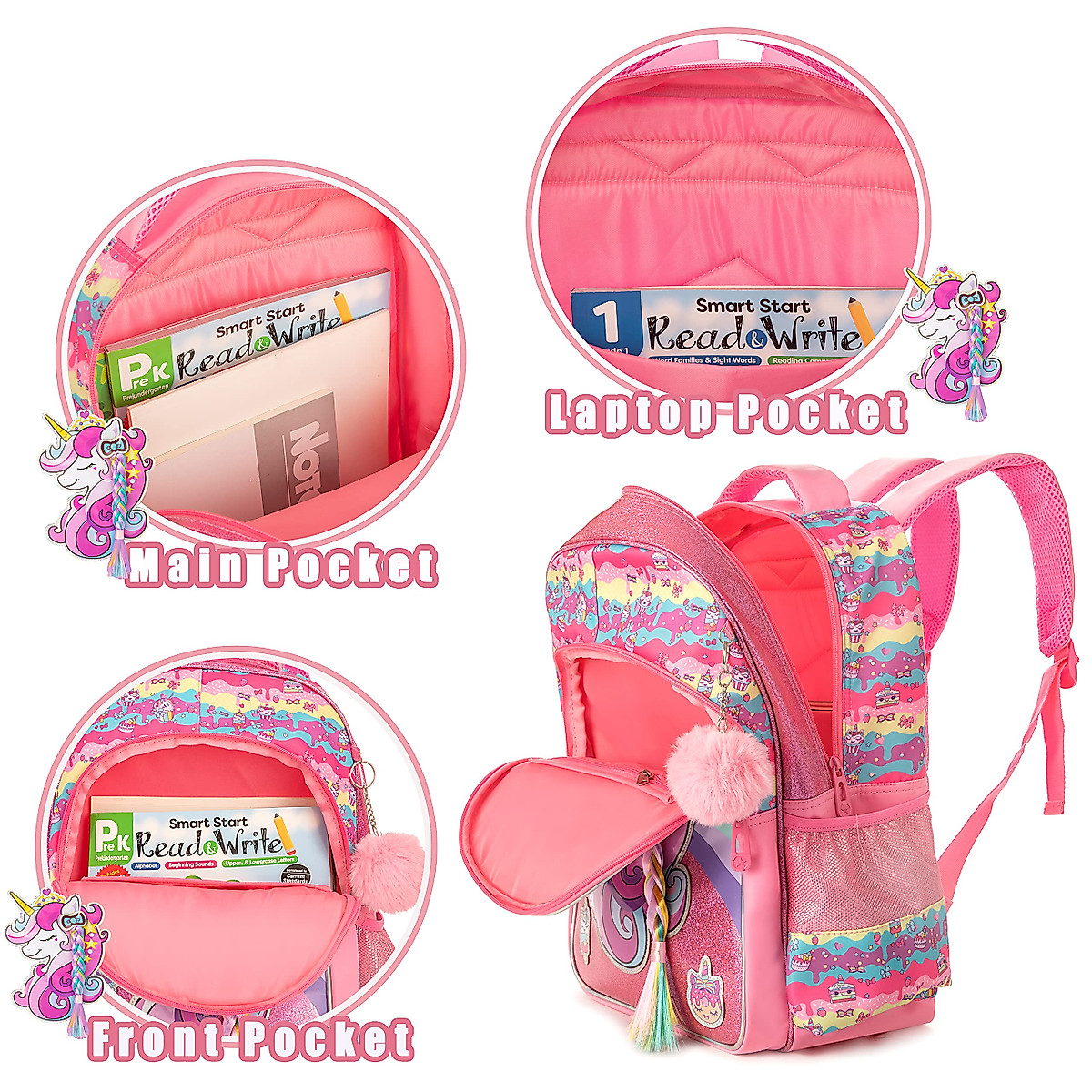 Meetbelify Unicorn Backpack for Girls School Backpacks Kids Cute Bookbag with Lunch Box,Drawstring Bag for Elementary Preschool Students 5 in 1 Pink Backpack Set