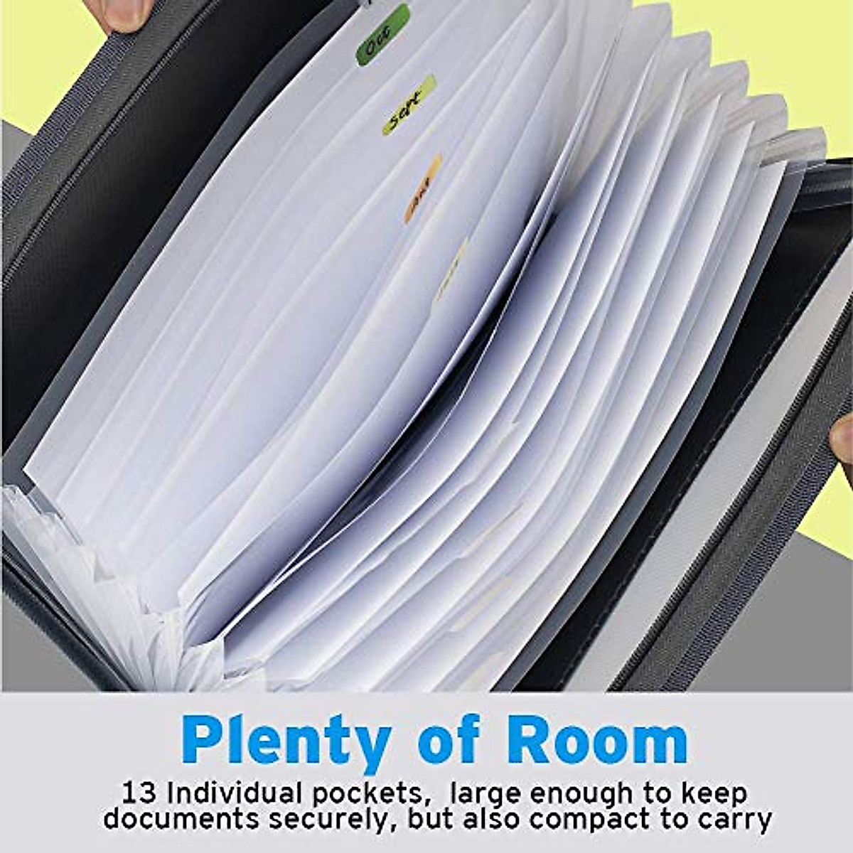 Sooez 13 Pocket Expanding File Folder with Zipper Closure, Accordion File Folder Document Organizer Expanding Zip File Folder with Sticky Labels, Letter A4 Paper Document Accordion Folder, Black