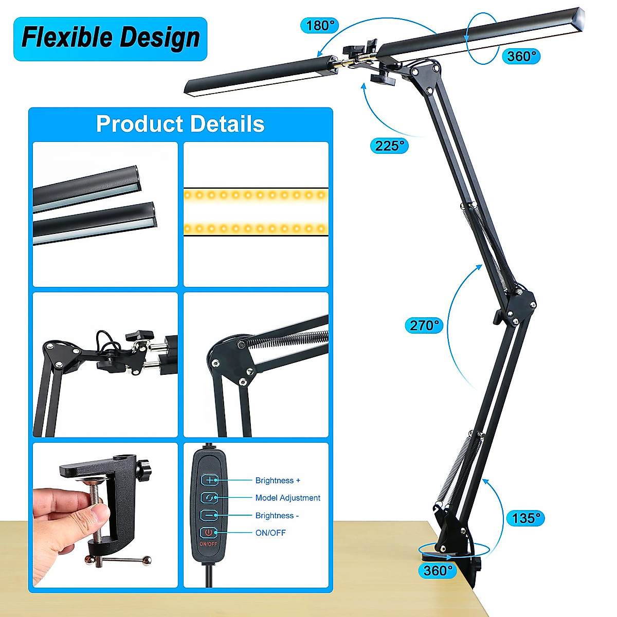 Double Head LED Desk Lamp, Swing Arm Desk Light with Clamp & Adapter, Architect LED Desk Lamps, Eye-Caring Table Lamp with 3 Color Modes & 10 Brightness Levels, Adjustable Desk Lamp for Home or Office