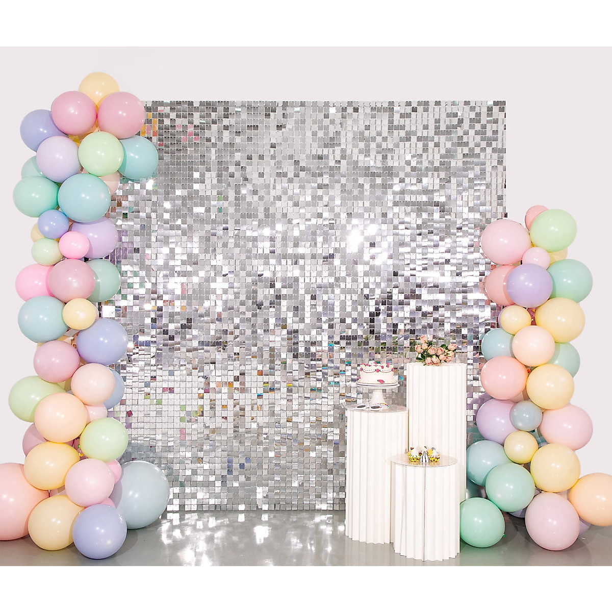 Shimmer Wall Backdrop Panels 24Pcs Square Silver Sequin Shimmer Backdrop Decor for Wedding, Anniversary, Birthday Party Decoration.