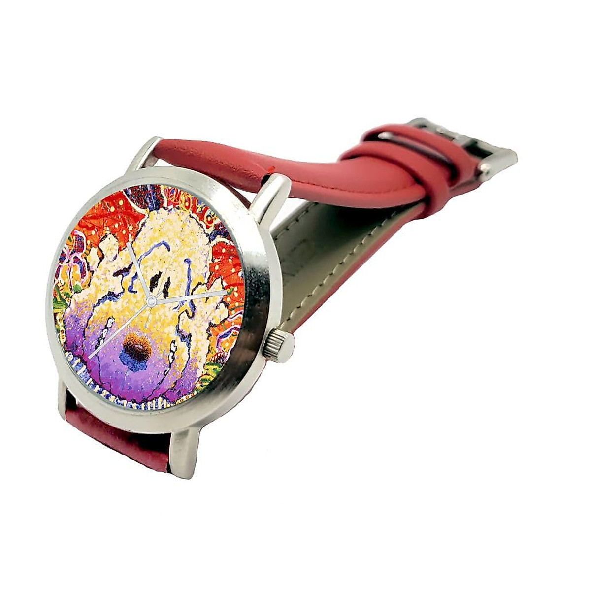 RICH Snoopy by Everhart Featuring Tom Everhart's Image of Snoopy in Nobody Barks in L.A. On The Unisex Size Brushed Chrome Watch with A Red Leather Strap