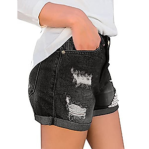 luvamia Women's Stretchy Ripped Denim Shorts High Rise Roll Hem Cut Off Shorts Wise Up Black Shorts Women Black Size X-Large