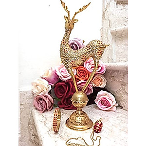 10ct HANDMADE Limited Edition ANTIQUE 1990 Reindeer Figurine LARGE FABERGE Egg Jewelry Box & Fabergé Pendant Necklace & RUBY Bracelet 24k GOLD Womens Day Deer Statue for Home Decor Reindeer Unique 14"