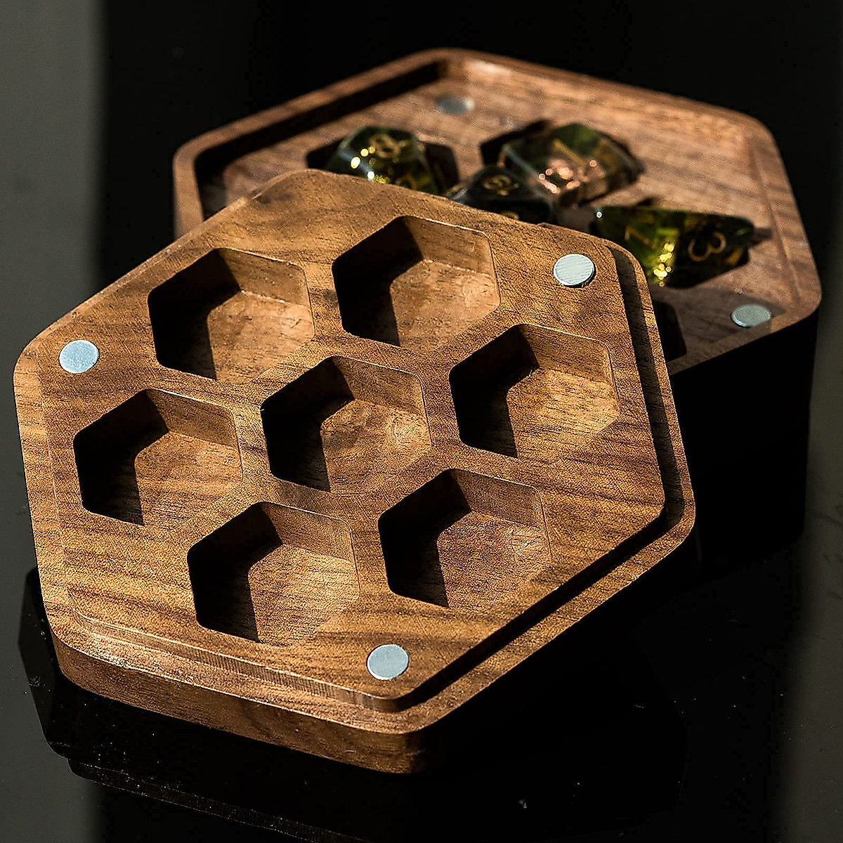 2 Pack (A Wooden Dice Set Box and A 7Pcs Resin DND Dice Set for Dungeons and Dragons)