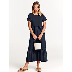 ANRABESS Women Summer Casual Short Sleeve Crewneck Aline Swing Flowy Tiered Shirt Maxi Beach Long Dress 2025 Trendy Outfits X-Large Navy Blue