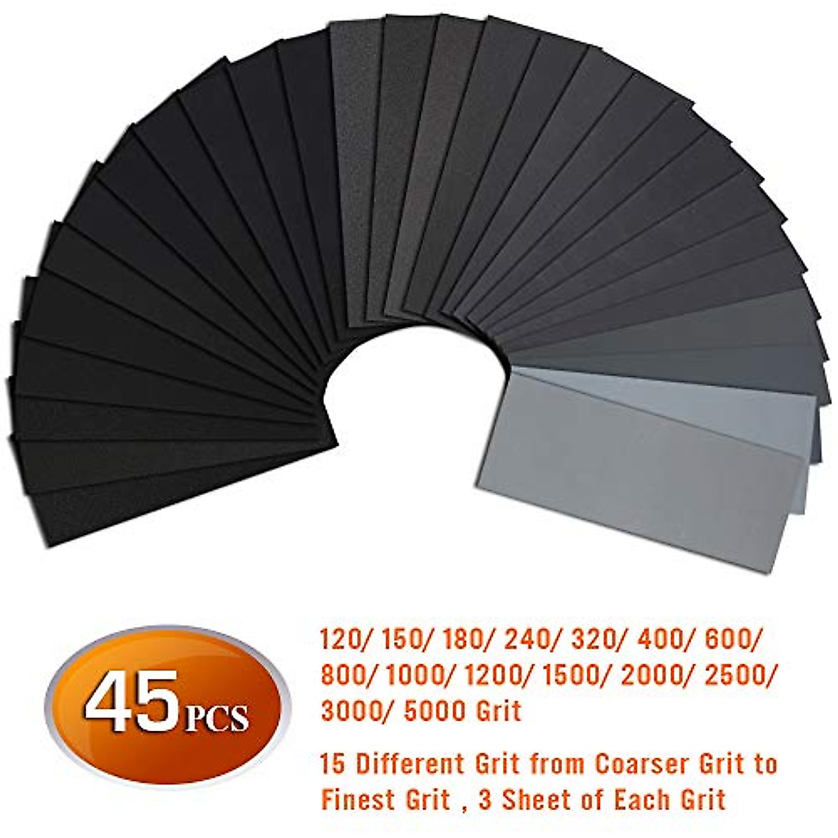 45PCS Sandpaper,Atosun Premium Wet Dry Waterproof Sand Paper, 120 to 5000 Assorted Grit Sanding Paper for Wood Furniture Finishing, Metal Sanding and Automotive Polishing, 9 x 3.6 Inches.(Atosun)