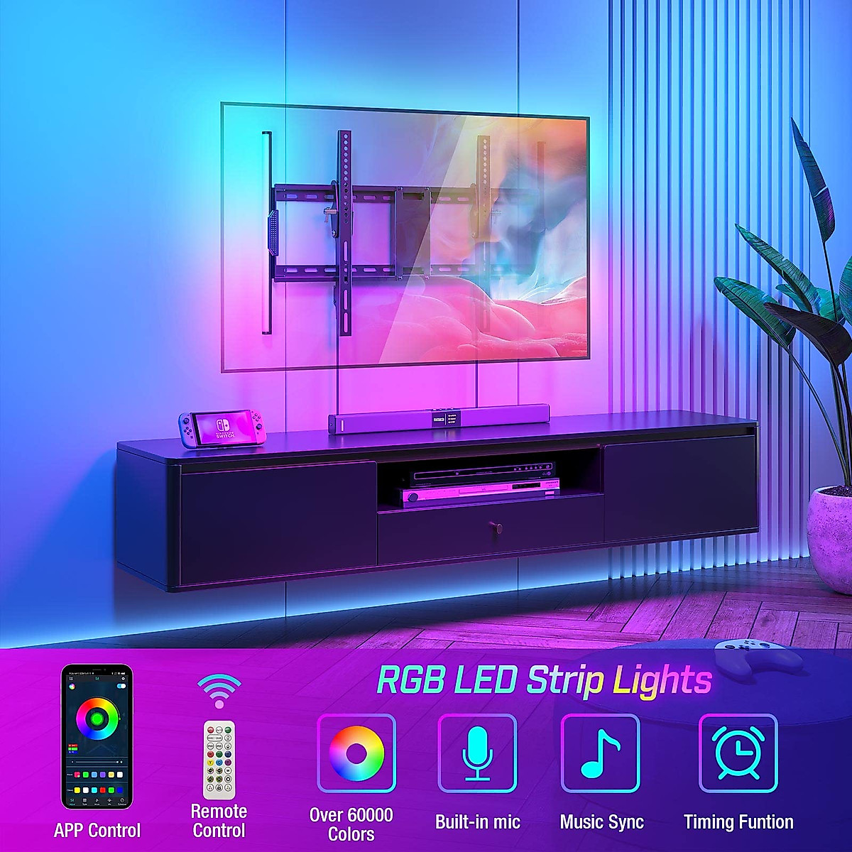 Greenstell TV Wall Mount with LED Lights, Tilt TV Mount for 37"-75" Flat/Curved TVs, Low Profile Wall Mount TV Bracket Fit 16"-24" Stud, Max VESA 600x400mm, Holds up to 132lbs