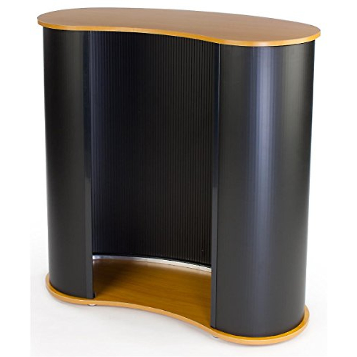 Pop-up Podium Counter with Kidney Bean Shaped Wood Grain Table Surface and Black Body - Portable Design, No Tools Required! (TSPCL02WD)