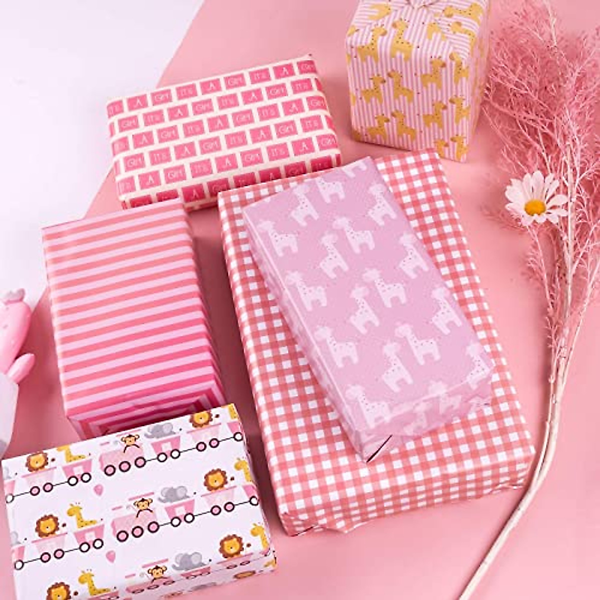 MAYPLUSS Wrapping Paper Large Sheet - Folded Flat - 6 Different Baby Girl Design (45.2 sq.ft.ttl) - 27.5 inch X 39.4 inch Per Sheet