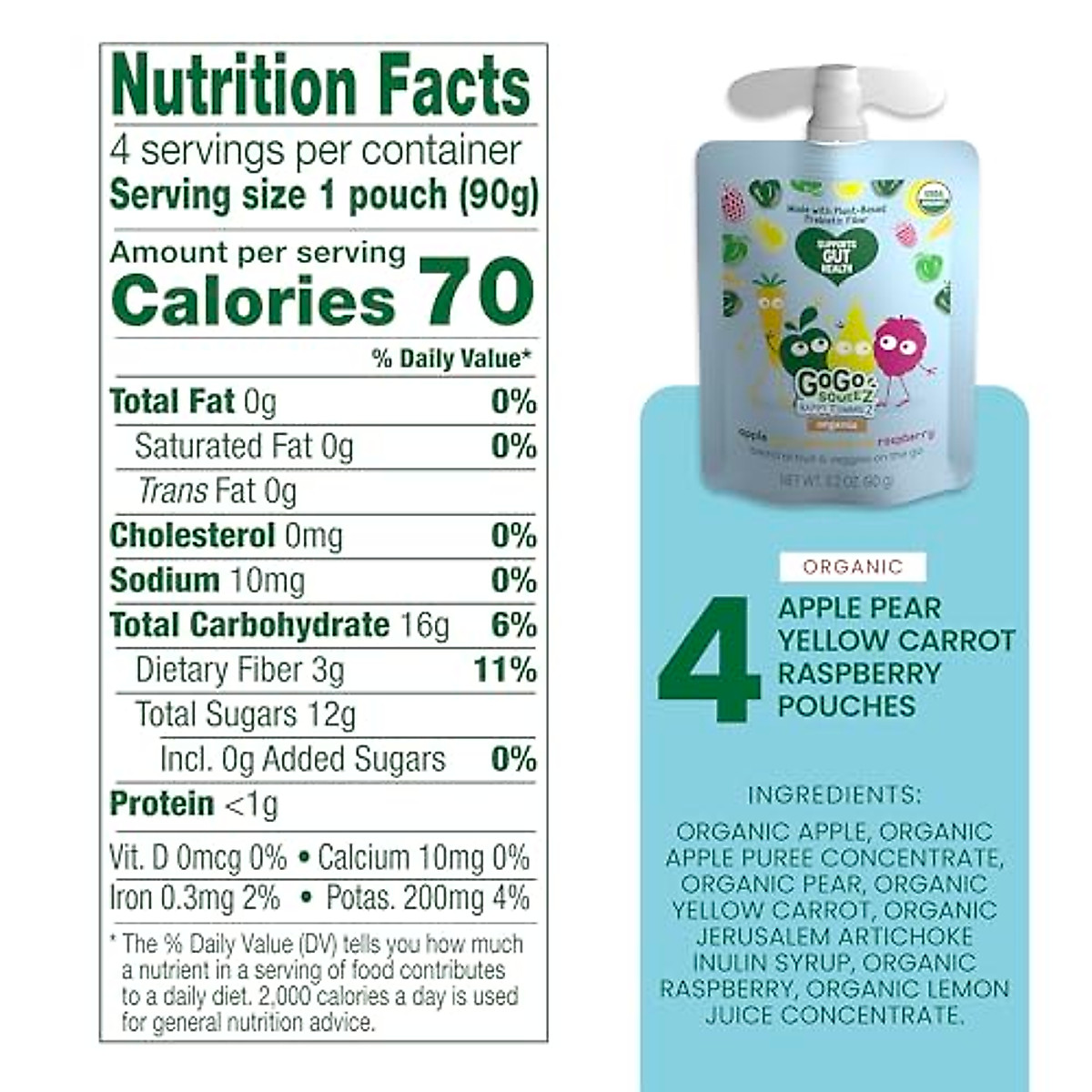 GoGo SqueeZ Happy TummieZ Organic Apple Pear Yellow Carrot Raspberry, 3.2 Oz (Pack of 4), Kids Snacks with Prebiotic Fiber, Gluten Free, Nut Free, Dairy Free Gut-Friendly Snack