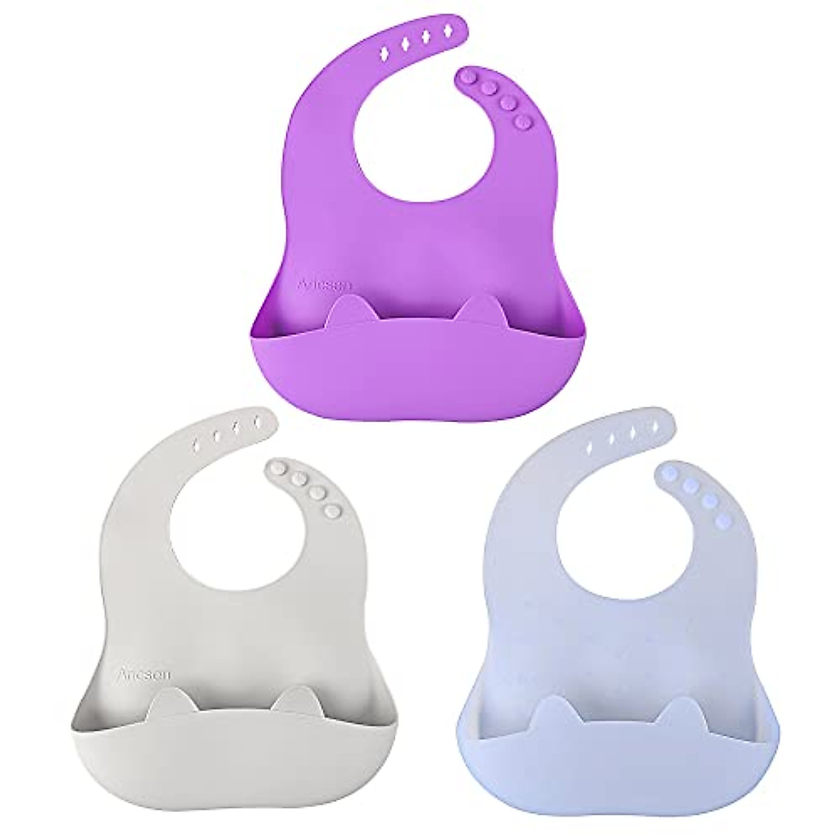 Aricsen 3 Pack Silicone Baby Bibs for Babies & Toddlers (6-72 Months), Adjustable Fit Waterproof Feeding Bibs, Easy Wipe Clean, Soft, Unisex, with Pouch, Non Messy Babies Boys Girls (3 Colors)