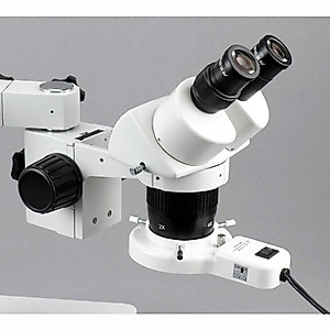 AmScope SW-3B13Z-FRL Binocular Stereo Microscope, WH10x Eyepieces, 10X/20X/30X/60X Magnification, 1X/3X Objective, Single-Arm Boom Stand, 8W Fluorescent Ring Light, 110V-120V, Includes 2.0x Barlow Lens