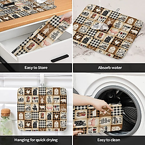 Farm Animals Dish Drying Mat for Kitchen Counter, Farmhouse Rustic Cow Pig Rooster Plaid Baby Bottle Microfiber Drying Pad, Absorbent Coffee Cup Dishes Drainer Mats 18"x24"