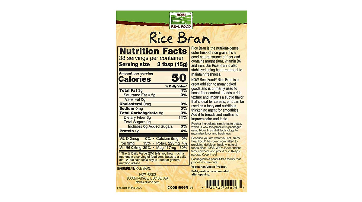 NOW Foods, Rice Bran, Source of Magnesium, Vitamin B6, Fiber and Iron ...