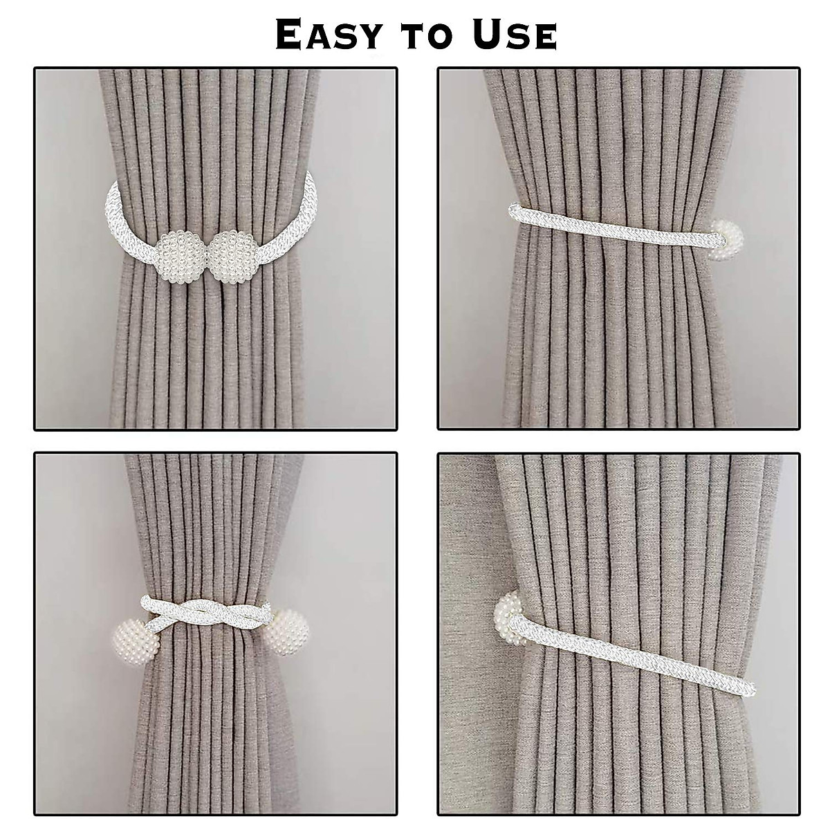8 Pack Magnetic Curtain Tiebacks,Convenient Drape Tie Backs Decorative Curtain Holdbacks Holder Curtain Tiebacks for Window Draperies, No Tools Required-Pearl Shape (White)