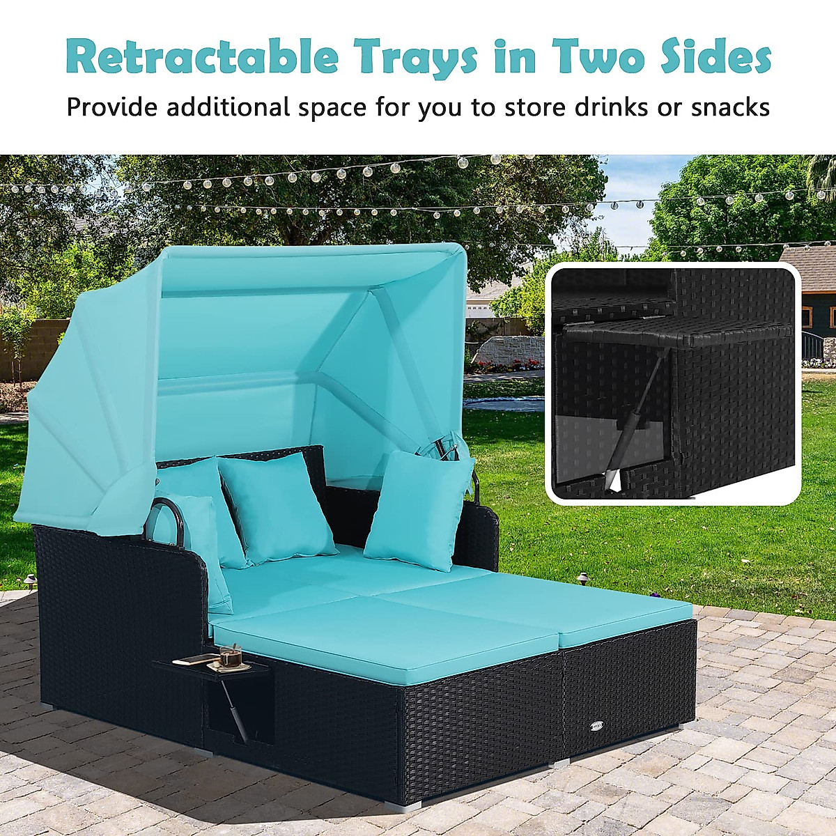 Salches Outdoor Daybed, Patio Daybed with Retractable Canopy, High-Resilient Soft Cushions, Foldable Side Trays, Outdoor Bed Loveseat for Garden, Backyard, Porch (Turquoise)