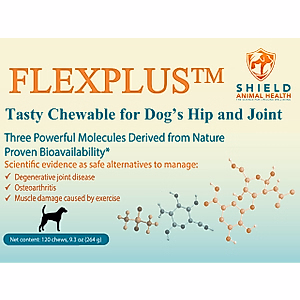 Sheild Animal Health FLEXPLUS for Dog's Hip & Joint. Relieve Pain and Inflammation from Arthritis, Joint Disease, and Muscle Damage. Pharmaceutical Grade.Clinically Proven Absorption.120 Chews. Chicken Flavor. Made in USA