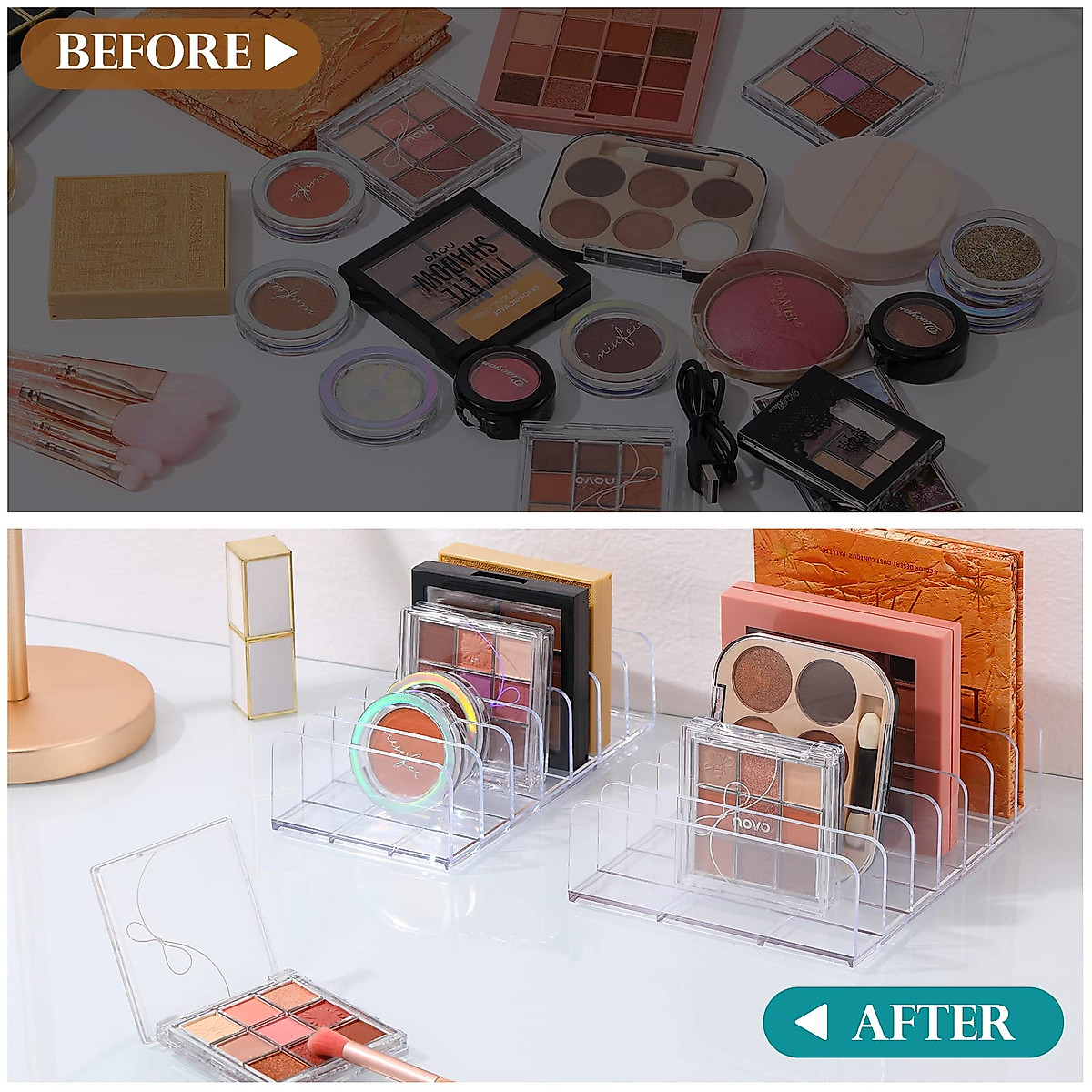 Luxspire Acrylic Eyeshadow Organizer, 2 Pack Makeup Drawer Organizer 7 Space Cosmetic Makeup Palette Organizer, Blusher Highlight Powder Display Stand Storage Case Beauty Care Holder Container, Clear