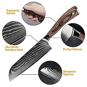 GOOD HELPER 7 Inch Santoku Knife High Carbon Damascus Kitchen Knives Stainless Steel Japanese Chef Knife Ergonomic Pakka Wood Handle Cuchillos Para Cocina with Gift Box