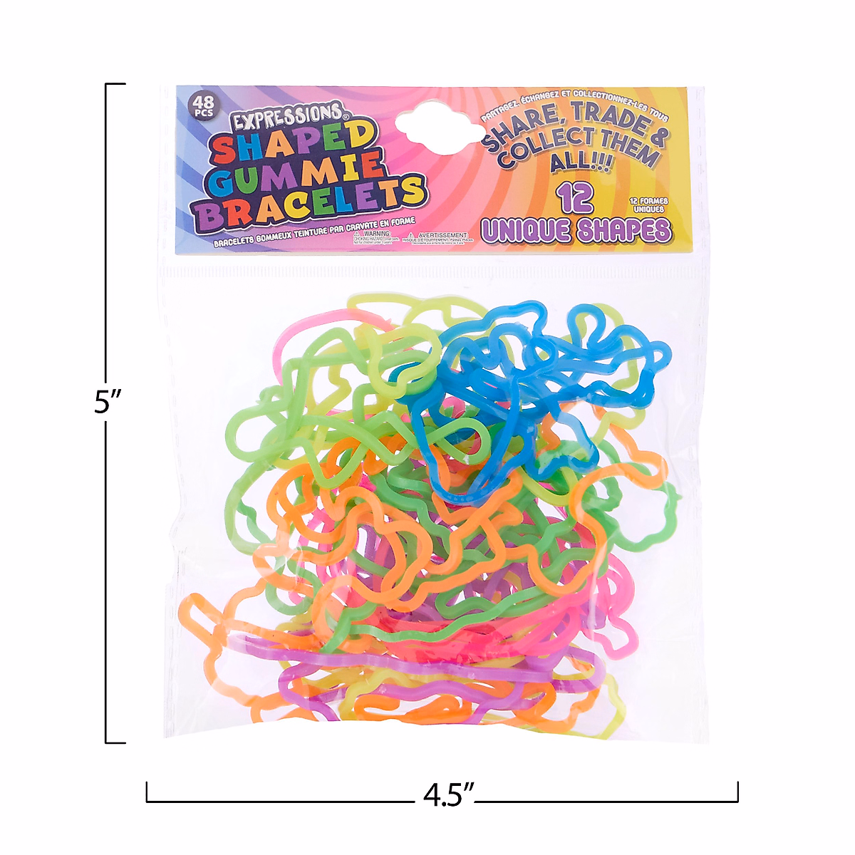 Expressions 48pc Shaped Gummie Bracelets - Bulk Pack Bright Colored Shaped Rubberband Bracelets | Bracelet Rubber Bands Kit, Rubber Bracelets For Kids & Kids Party Favors, Colored Rubber Bands
