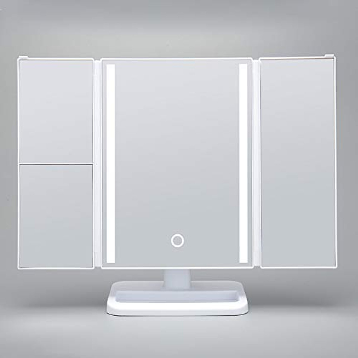 KXA Tri-Fold Vanity Mirror, 24 LED Lighted with Touch Screen 1X/2X/3X Magnification and USB Charging Adjustable Brightness and Stand for Makeup