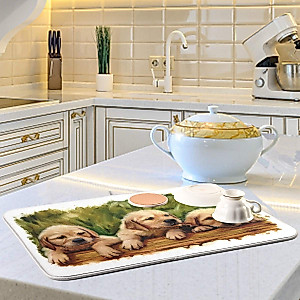 Kitchen Dish Drying Mat Watercolor Golden Retriever Dog Duggy Absorbent Washable Dish Drying Pad Drainer Rack Mat Heat Resistant Counter Protector for Glass Plate Cup Pan 16x18in