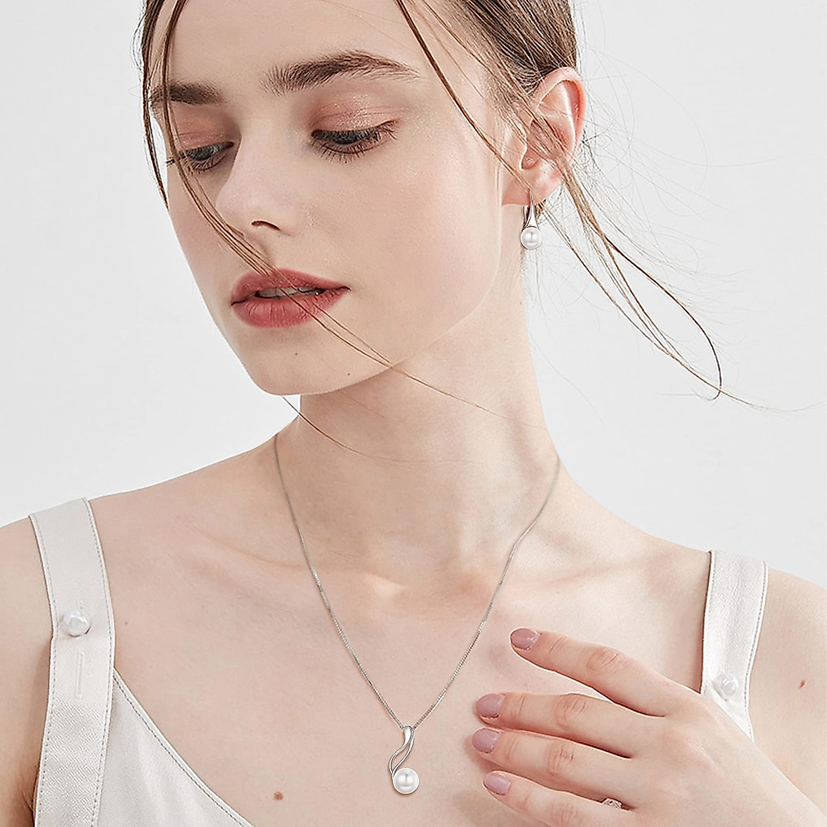 Milacolato Sterling Silver Pearl Jewelry Set 18K Gold Plated Genuine Freshwater Cultured Pearl Jewelry Pendant Necklace Pearl Earrings for Women Mom Mother's Day, White Pearl