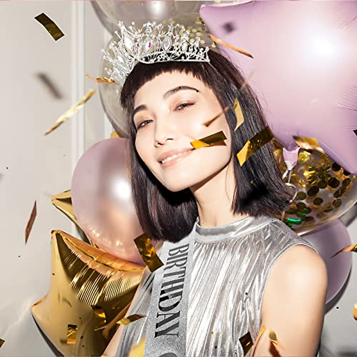 COCIDE Birthday Queen Sash & Crystal Tiara Set Birthday Silver Tiara and Crowns for Women Birthday Sash for Girls Birthday Decorations Set Rhinestone Headband Hair Accessories Glitter Sashes for Party