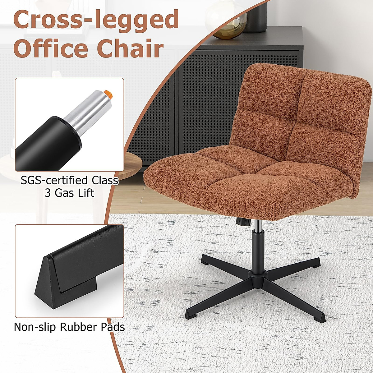 COSTWAY Cross Legged Office Chair, Armless Wide Seat Swivel Desk Chair No Wheels, Height Adjustable Mid Back Computer Task Chair, Modern Faux Lamb Fleece Vanity Chair for Home Office (Brown)