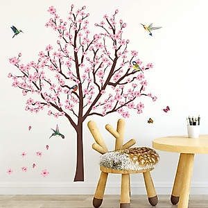 2 Sheets Removable Pink Peach Tree Wall Decals Cherry Blossom Trees Wall Stickers Birds Butterfly Wall Decal Home Art Decor for Kids Girls Babys Bedroom Nursery Room Living Room Decorations (A)