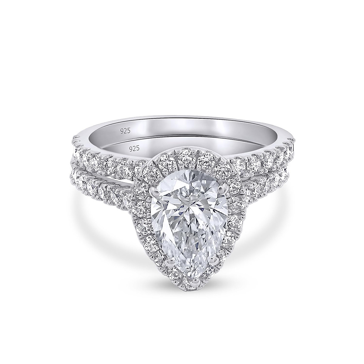 Wishrocks 2CT 925 Sterling Silver White Gold Plated Wedding Band Teardrop Bridal Ring Set Halo Moissanite Diamond Solitaire Promise Engagement Ring for Women (, Clarity-VVS1)