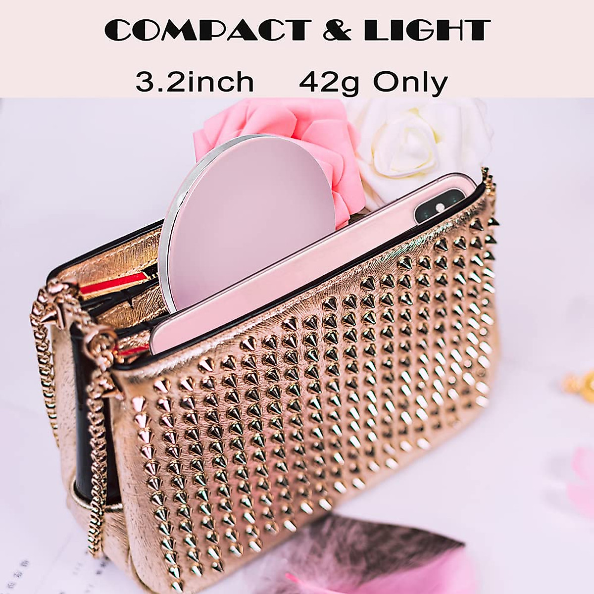 DeYesom LED Compact Mirror with Lights, Dimmable, Portable, Magnifying, Rechargeable