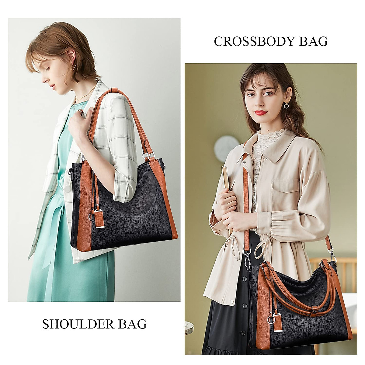 Over Earth Soft Leather Handbags for Women Shoulder Hobo Bag Large Tote Crossbody Bag (O103E Black/Brown)