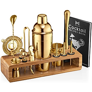Mixology Bartender Kit: 23-Piece Bar Set Cocktail Shaker Set with Stylish Bamboo Stand | Perfect for Home Bar Tools Bartender Tool Kit and Martini Cocktail Shaker for Awesome Drink Mixing (Gold)