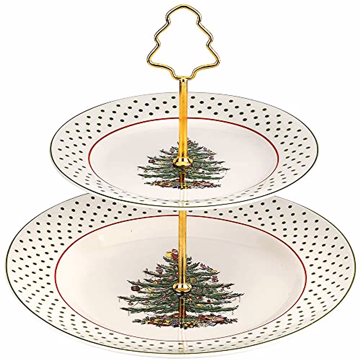 Spode - Christmas Tree Collection, 2-Tiered Tray, for Serving Food, Cake, and Desserts, Server Tier Measures at 8" and 10", Polka Dot Motif with Gold Handle, Dishwasher Safe