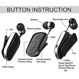 NILEWEI Bluetooth Headset Wireless Earpiece with Microphone for Cell Phones/iPhone/Samsung/Lg, HandsFree Calling Noise Cancelling, Bluetooth V4.1 Single Earbud for Office Trucker Driver(Retractable)