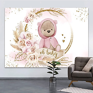 7X5FT Oh Baby Backdrop for Sweet Girl with Pink Bear Boho Rose Flower Background Baby Shower Gold Spots Photography It's a Girl Party Decorations Pink Pampas Grass Banner Photo Booth Props