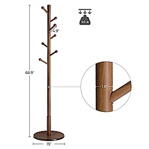 VASAGLE Coat Rack Free Standing with 7 Rounded Hooks, Wood Hall Tree, Entryway Coat Stand for Clothes, Hats, Purses, in The Entryway, Living Room, Dark Walnut URCR07WN
