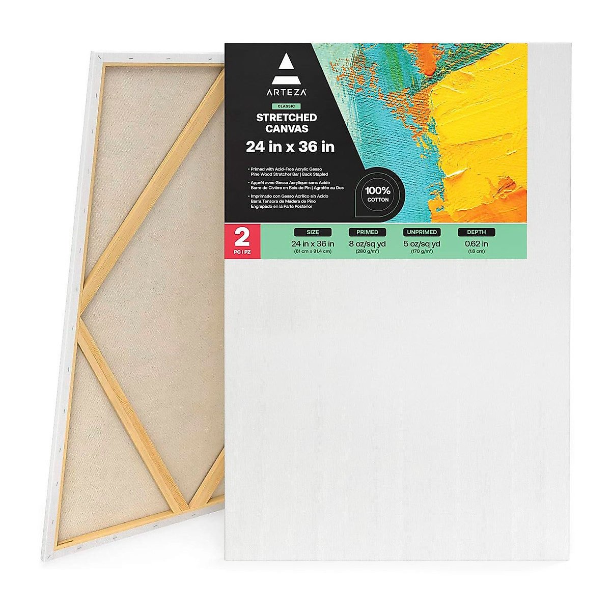 ARTEZA Stretched Canvas, 24 x 36 Inches, Pack of 2, Blank White Large Canvas for Acrylic, Oil and Gouache Painting