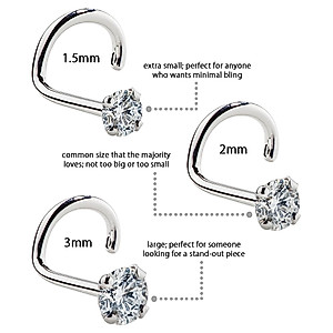 FreshTrends Cubic Zirconia Stud Nose Rings Twist - Nickel-Free 14K White Gold Nose Screw - 1.5mm, 2mm, 3mm 20 Gauge Nose Stud | Nose Ring Stud in 14K White Gold | 20G Nose Stud