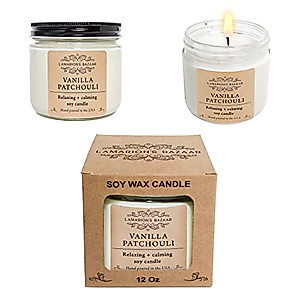 Vanilla Patchouli - Relaxing and Calming Vanilla Patchouli Scented Candle - Large Soy Candle - Glass Jar Candle in a Box