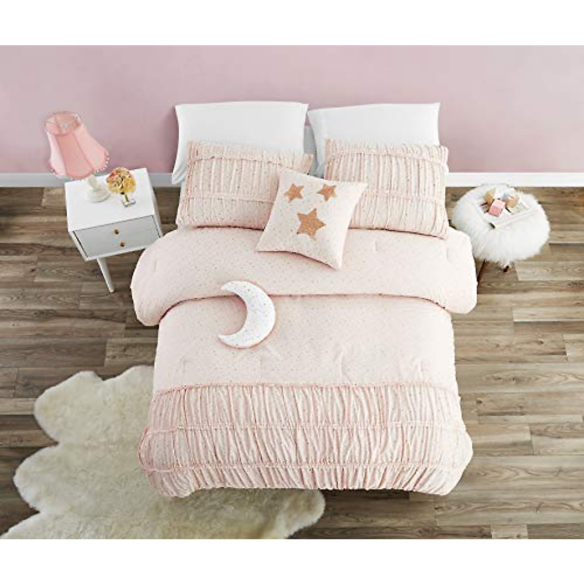 Mytex Celestial Princess Pretty 5-Piece Comforter set with gold metallic foil, Smocked texture, Girls, Teen bedding, Stars and Moons, Two Twinkling Decorative Pillows, Shabby Chic, Blush Pink, Full