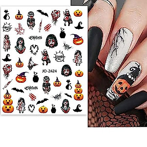 Halloween Nail Art Stickers Decals 6 Sheets Halloween Theme 3D Nail Stickers Halloween Nail Art Supplies Pumpkin Ghost Puppet Dolls Bats Terror Castle Witches Design Stickers for Women Kids